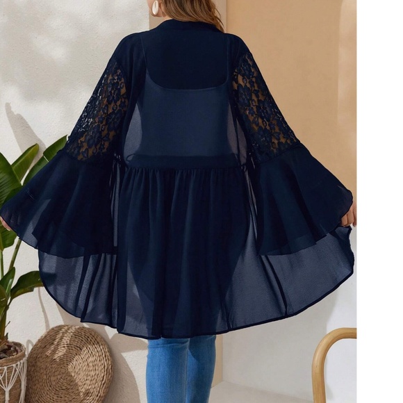 Tops | Plus Floral Sheer Lace Bell Sleeve Open Front Light Duster Top ...